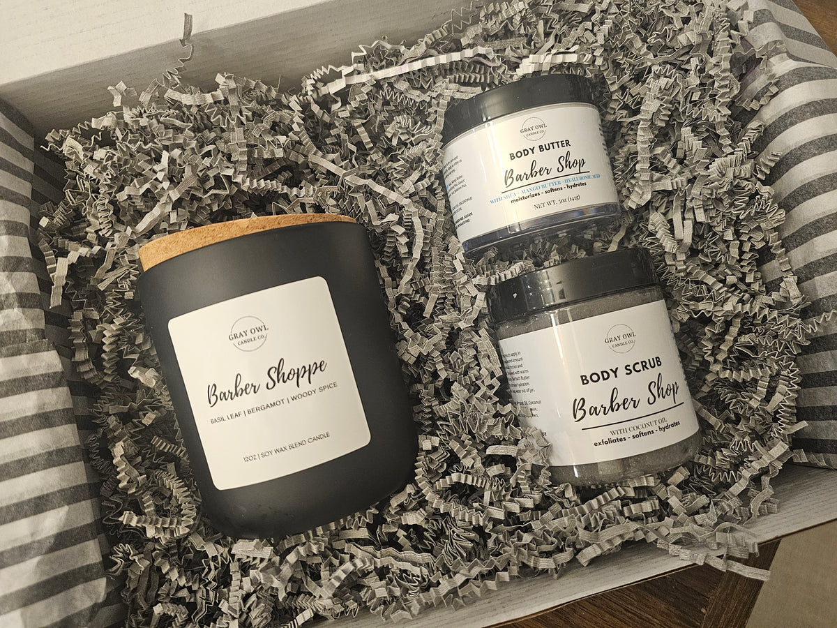 Barber Shop Gift Box Set with Candle| For Him – Gray Owl Candle Co